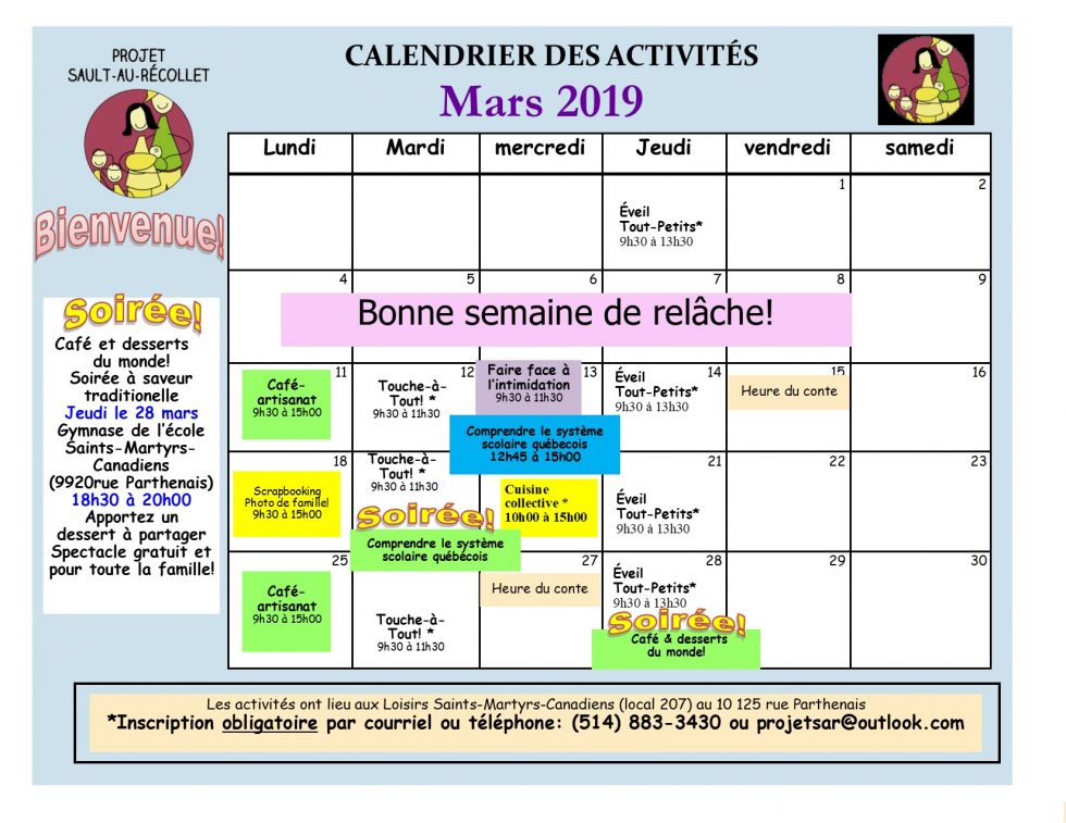 Calendrier des activités du mois de mars - Projet Sault-au-Récollet ...